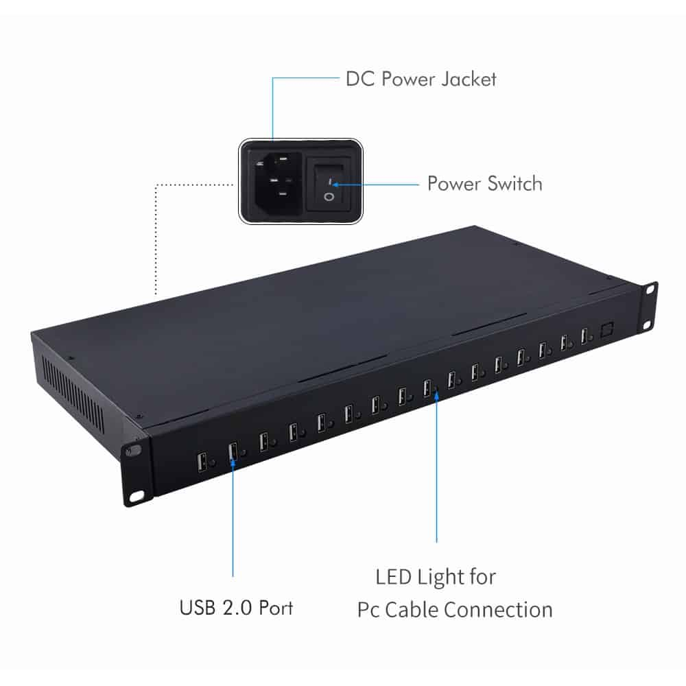 16 port USB-A 12W 1U rackmount charging hub