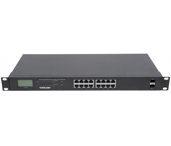 16-port Gigabit Ethernet PoE+ Switch med LCD - 370W PoE, Rackmount